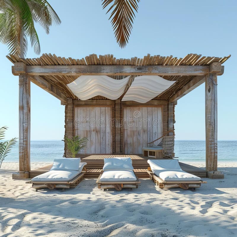 3D Model of a Beachside Cabana with Lounge Chairs Stock Illustration ...