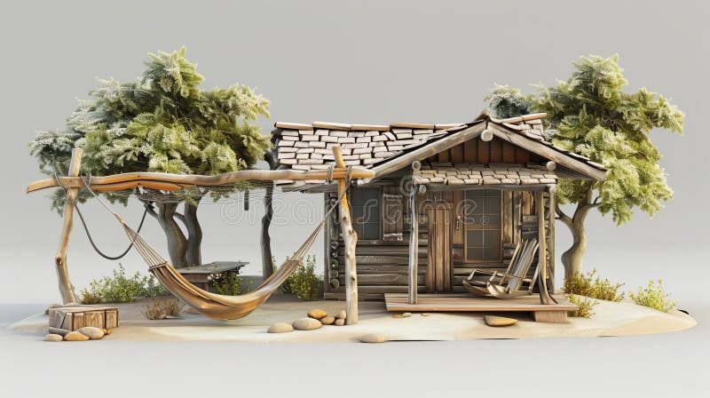 3D Model of a Beachside Cabin with a Hammock Summer Stock Illustration ...