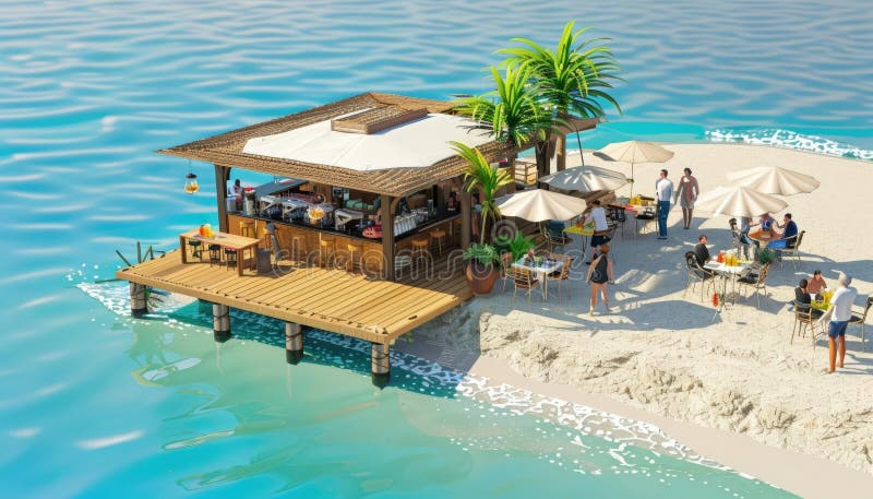 3D Model of a Beachside Cafe with People Enjoying Drinks Summer Stock ...