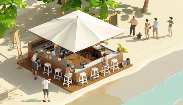 3D Model of a Beachside Cafe with People Enjoying Drinks Summer Stock ...