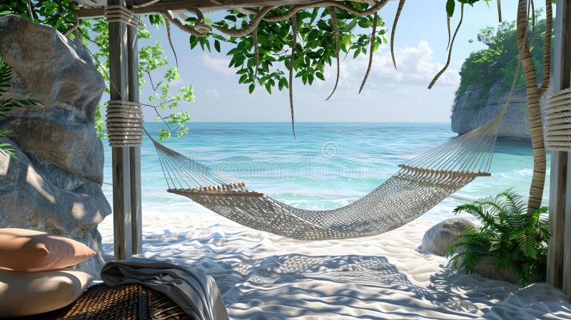 3D Model of a Beachside Hammock with a View of the Ocean Stock ...