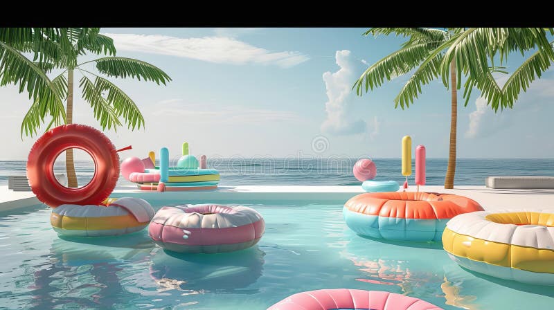 3D Model of a Beachside Pool with Inflatables Summer Stock Illustration ...