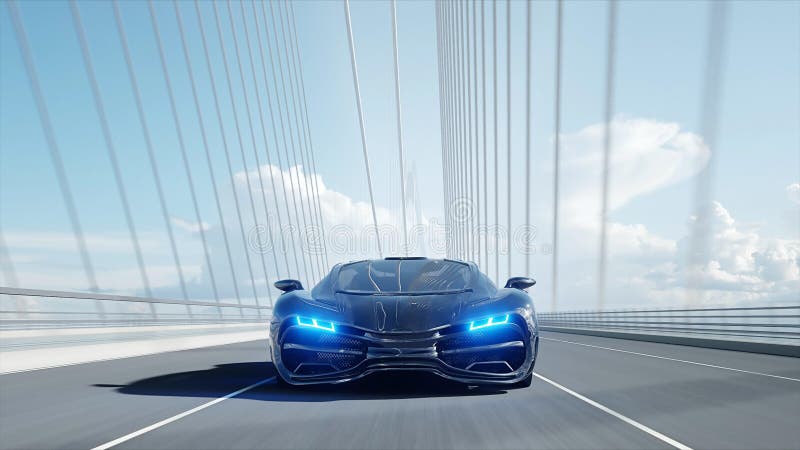 3d Model of Black Futuristic Car on the Bridge. Very Fast Driving ...