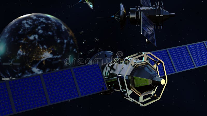Blue Satellites in Orbit Around the Earth Stock Illustration ...