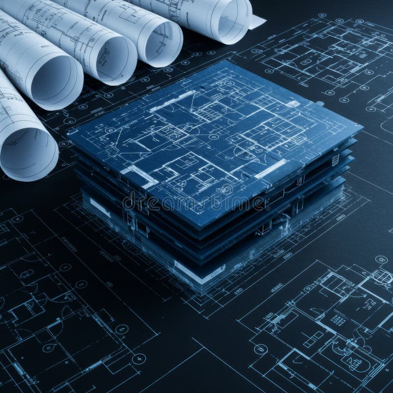 3D Model of Building Blueprint Stack on Dark Background Stock ...