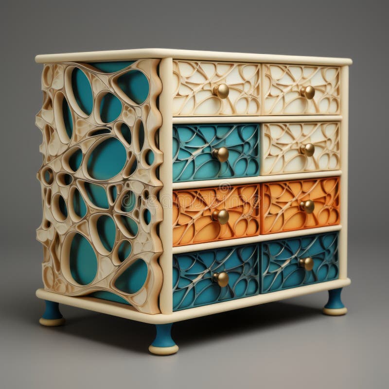 Intricate Web Design Wood Cabinet with Blue and Multicolored Drawers ...