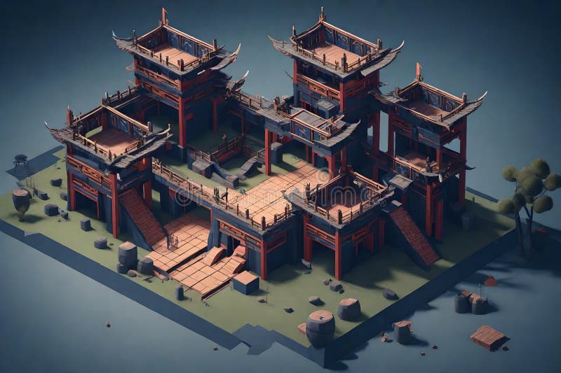 3d Model of a Chinese Template in Isometric View, Isolated on a Solid ...