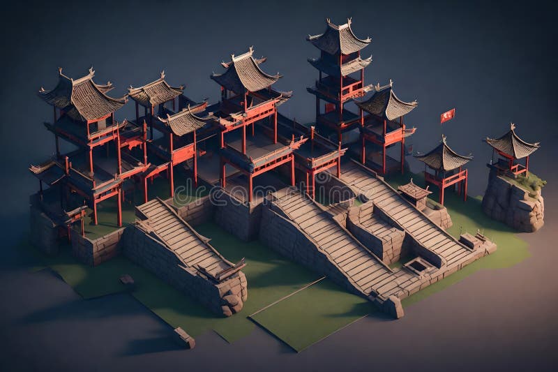 3d Model of a Chinese Temple in Isometric View, Isolated Against a ...