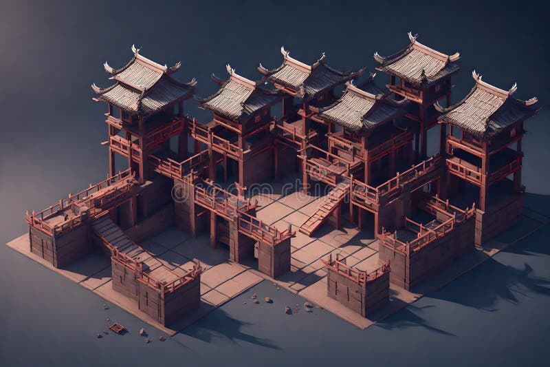 3d Model of a Chinese Temple in Isometric View, Isolated Against a ...