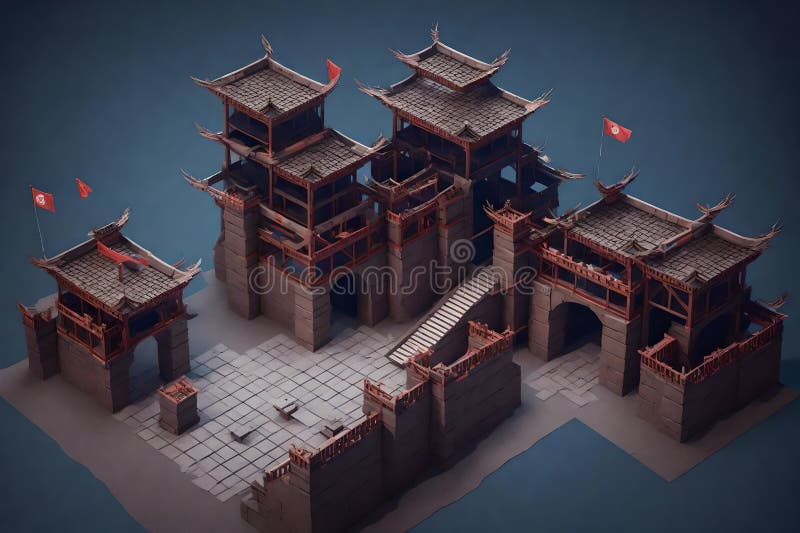 3d Model of a Chinese Temple in Isometric View, Isolated Against a ...