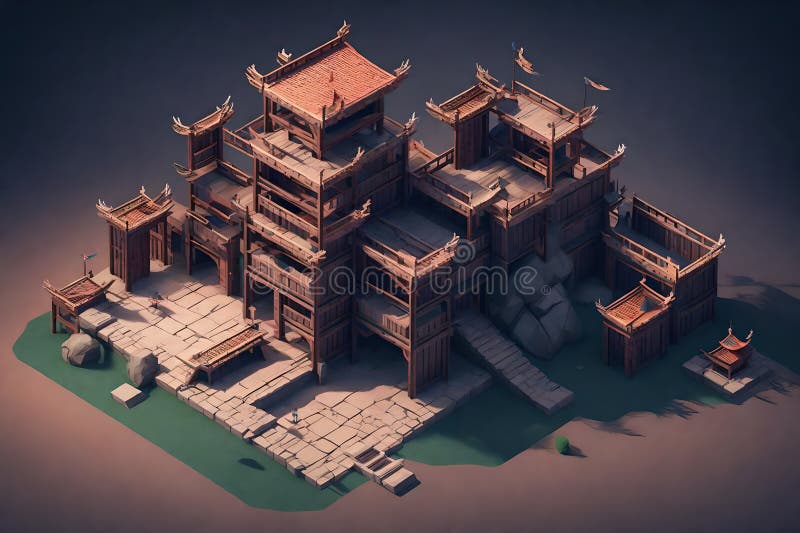 3d Model of a Chinese Temple in Isometric View, Isolated on a Solid ...