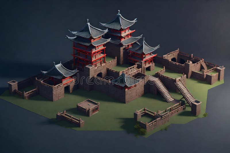 3d Model of a Chinese Temple in Isometric View, Isolated on a Solid ...