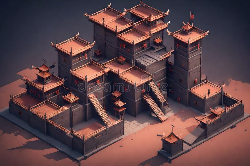 3d Model of a Chinese Temple in Isometric View, Isolated on a Solid ...