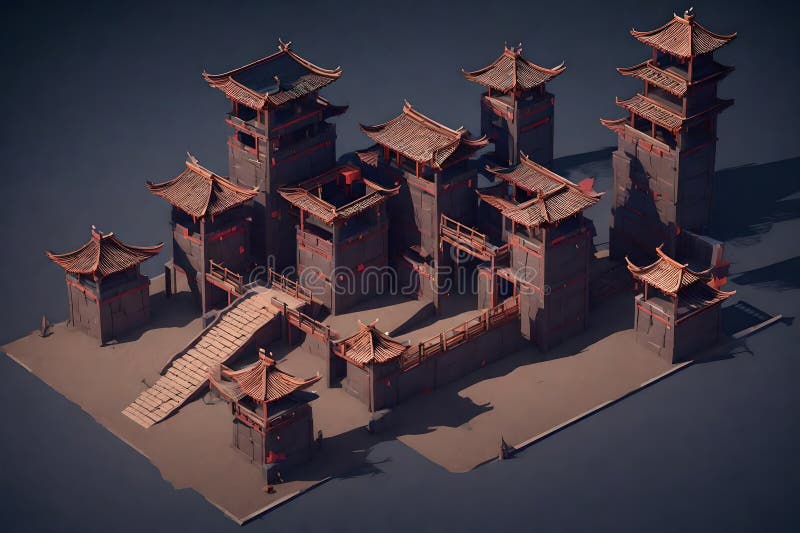 3d Model of a Chinese Temple in Isometric View, Isolated on a Solid ...