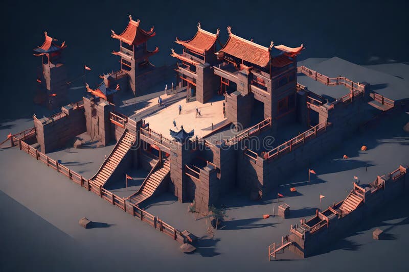 3d Model of a Chinese Temple in Isometric View, Isolated on a Solid ...