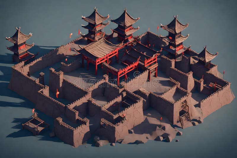 3d Model of a Chinese Temple in Isometric View, Isolated on a Solid ...