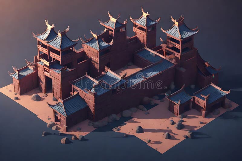 3d Model of a Chinese Temple in Isometric View, Isolated on a Solid ...