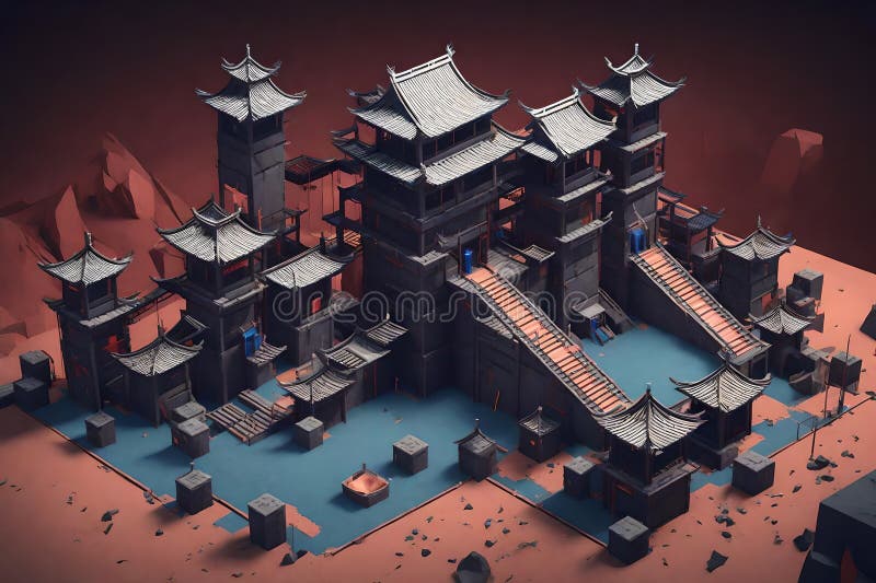 3d Model of a Chinese Temple in Isometric View, Isolated on a Solid ...
