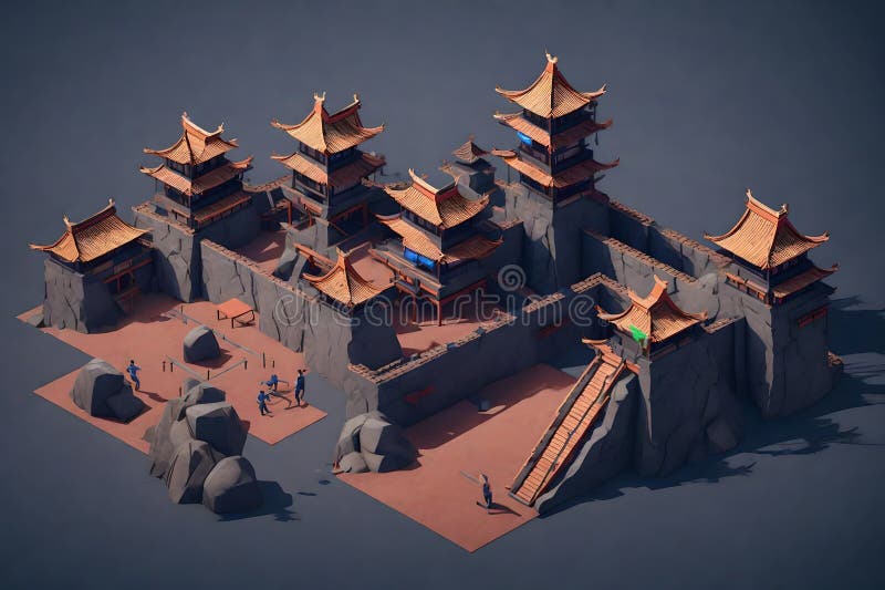 3d Model of a Chinese Temple in Isometric View, Isolated on a Solid ...