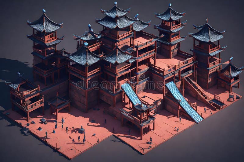 3d Model of a Chinese Temple in Isometric View, Isolated on a Solid ...