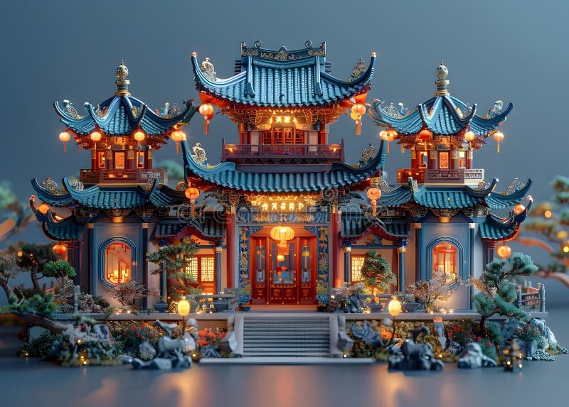 A 3d Model of a Chinese Temple with Lanterns and Trees Stock Image ...