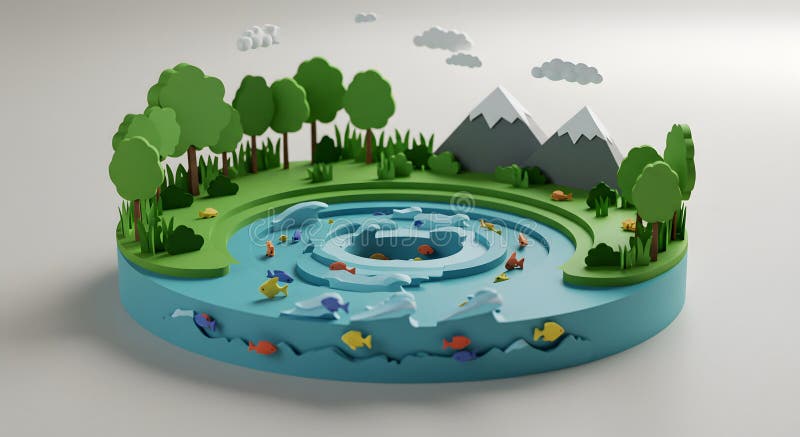 3D Model of a Circular Ecosystem with Mountains and Fish Stock ...