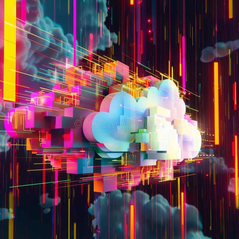 3D Model of a Cloud Services Icon with a Colorful Digital Backdrop ...