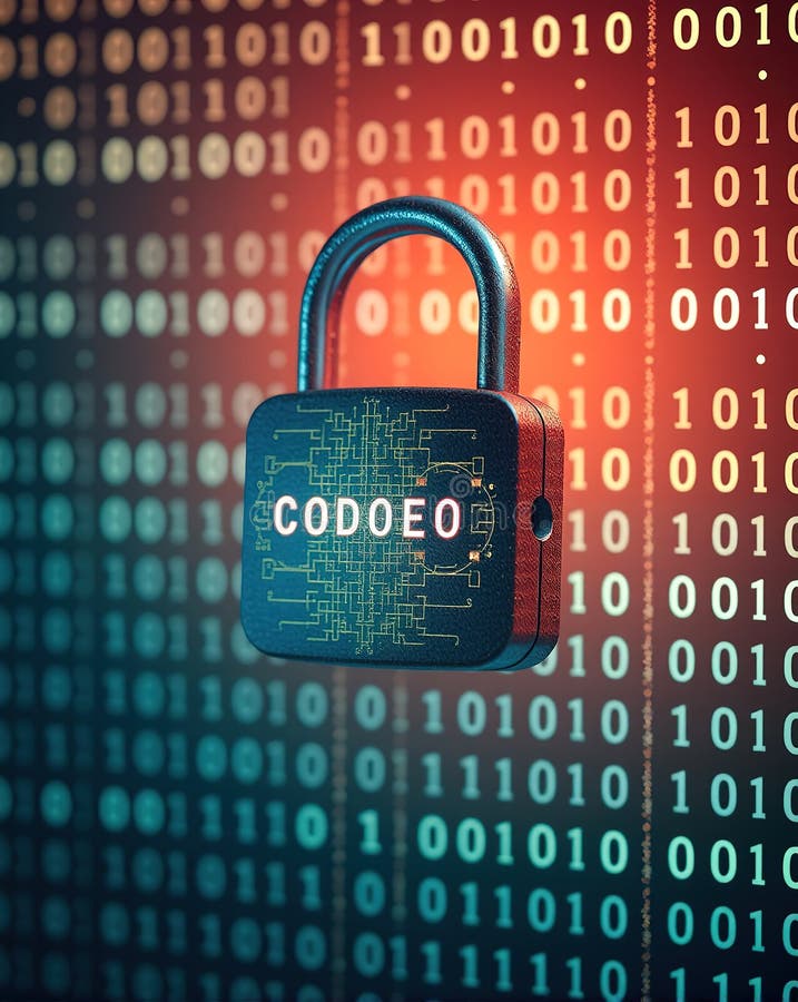 3D Model of a Code Lock, Against the Background of a Stream of Binary ...