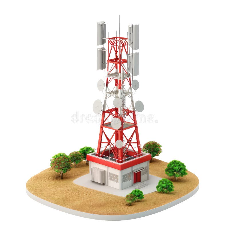 Modern Telecommunication Tower with Satellite Dishes and Trees Stock ...