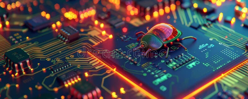 A 3D Model of a Computer Chip with a Glowing Neon Bug Lurking within ...