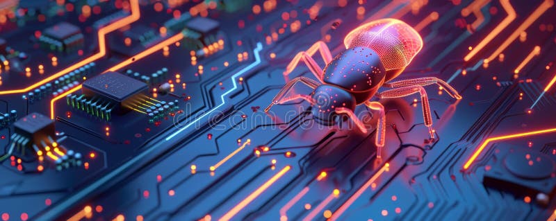 A 3D Model of a Computer Chip with a Glowing Neon Bug Lurking within ...