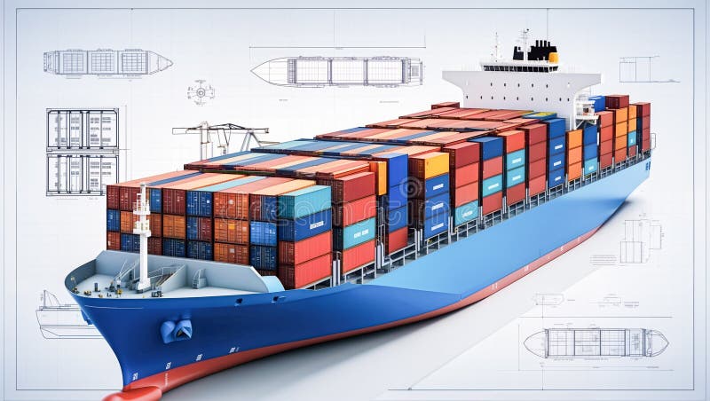 3D Model of a Container Ship with Engineering Blueprints. for Logistics ...