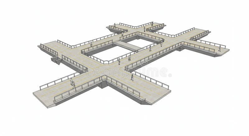 A 3D Model Depicting an Elevated Pedestrian Walkway with a Complex ...