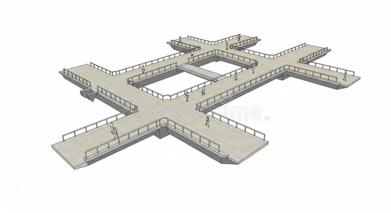 A 3D Model Depicting an Elevated Pedestrian Walkway with a Complex ...