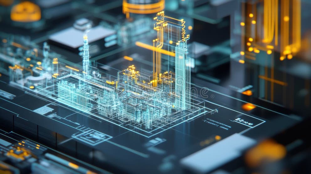 A 3D Model of a Factory Layout Displayed on a Digital Screen with ...