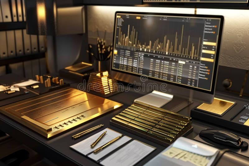 3D Model of a Financial Analysts Desk with Gold Bars Charts Stock Photo ...