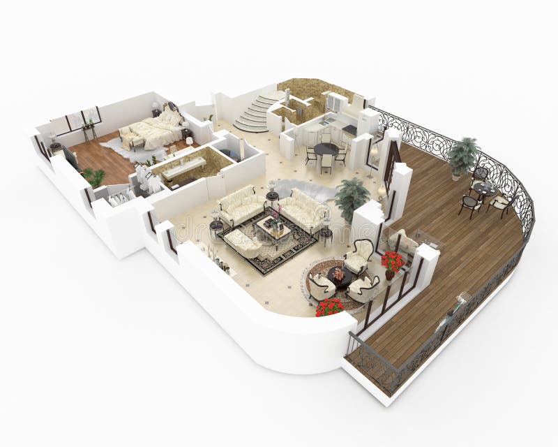 3d Model of Furnished Home Apartment Stock Illustration - Illustration ...