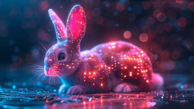 3D Model of Hare Ears with a Pattern of Computer Boards. Easter Neon ...