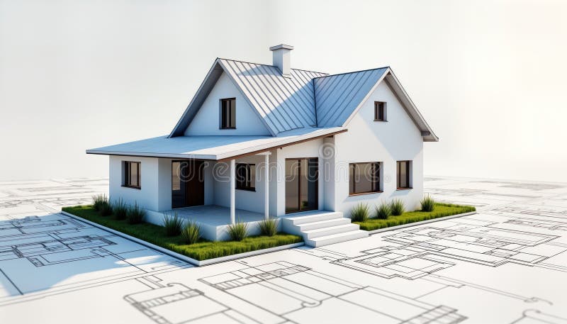 3d Model House on Architecture Floorplan. Modern Bungalow Design with a ...