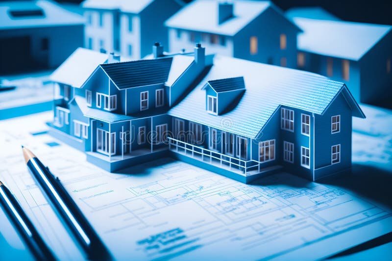 3d Model House on a Blueprint Design, Engineering Design for ...