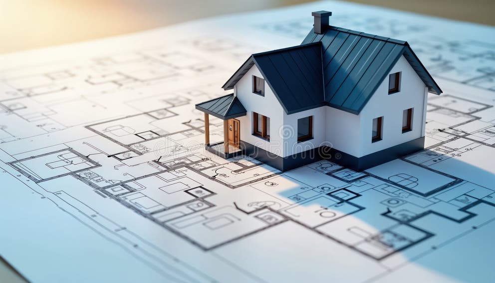 3D Model of House Sits on Blueprints. Architectural Plan Shows House ...