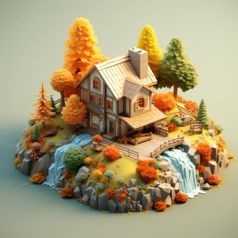 3d Model of a House Surrounded by Trees and a Waterfall Stock ...