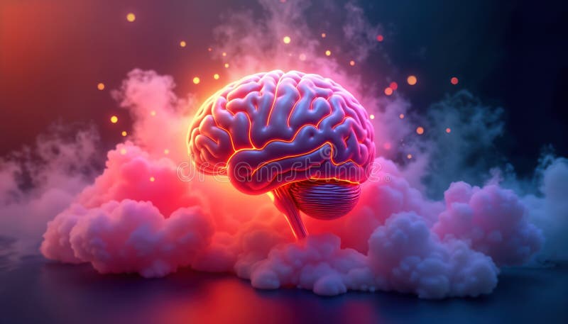 3D Model of Human Brain Surrounded by Vibrant Smoke, Fire in Abstract ...