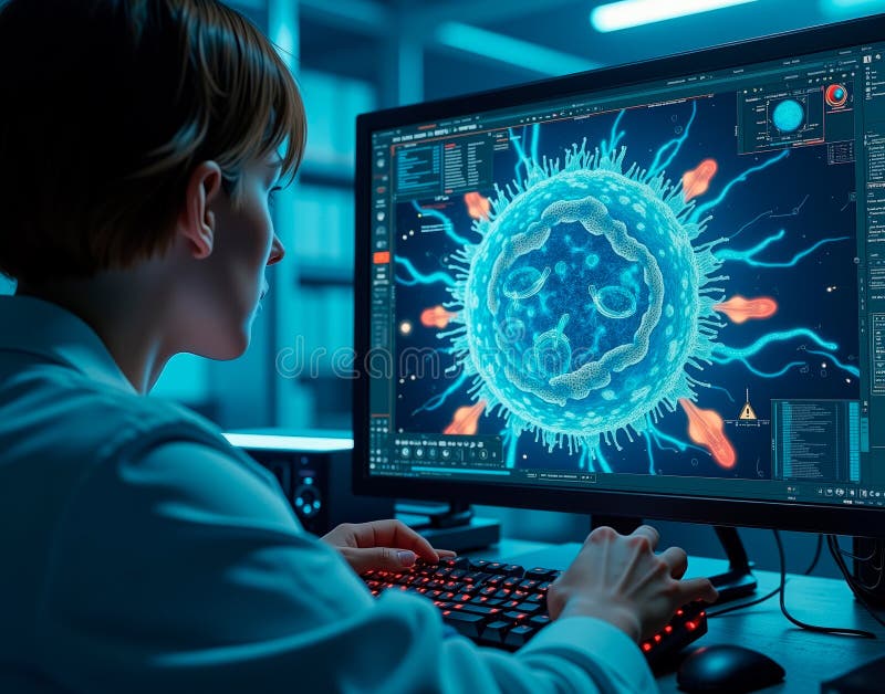 3D Model of a Human Cell on a Computer Screen. a Close-up of a Medical ...