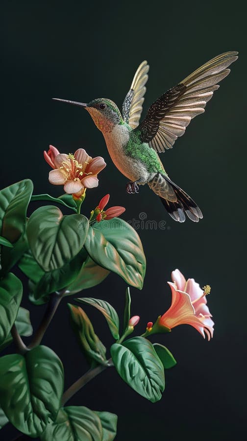 A 3D Model of a Hummingbird Hovering Over a Flower Representing the ...