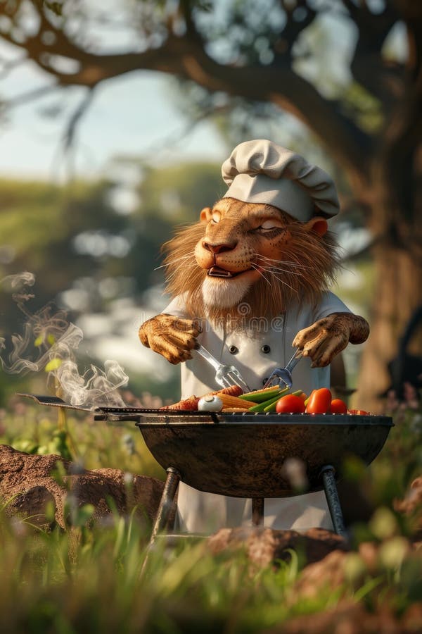 A 3D Model of a Lion Wearing a Chefs Hat Grilling Vegetables on a BBQ ...