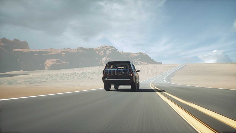 3d Model Luxury Black Car on Desert Highway. Very Fast Driving. 3d ...