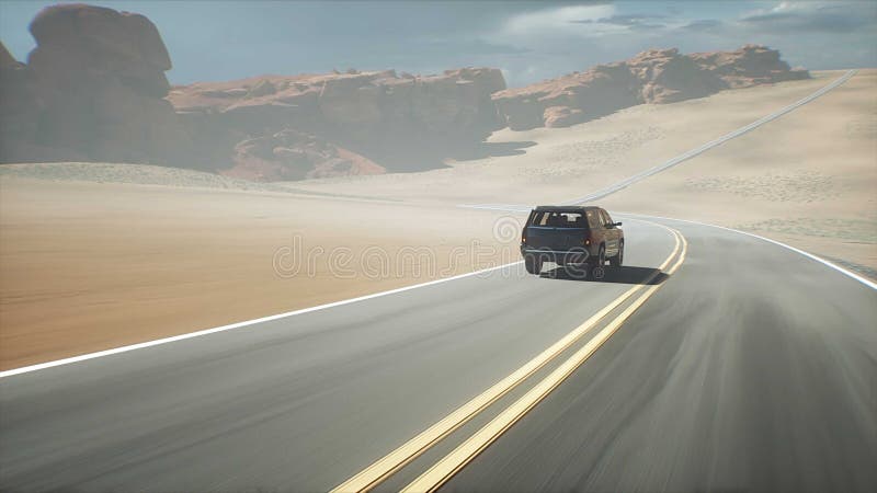 3d Model Luxury Black Car on Desert Highway. Very Fast Driving. 3d ...