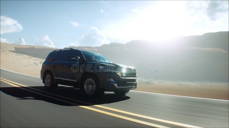 3d Model Luxury Black Car on Desert Highway. Very Fast Driving. 3d ...