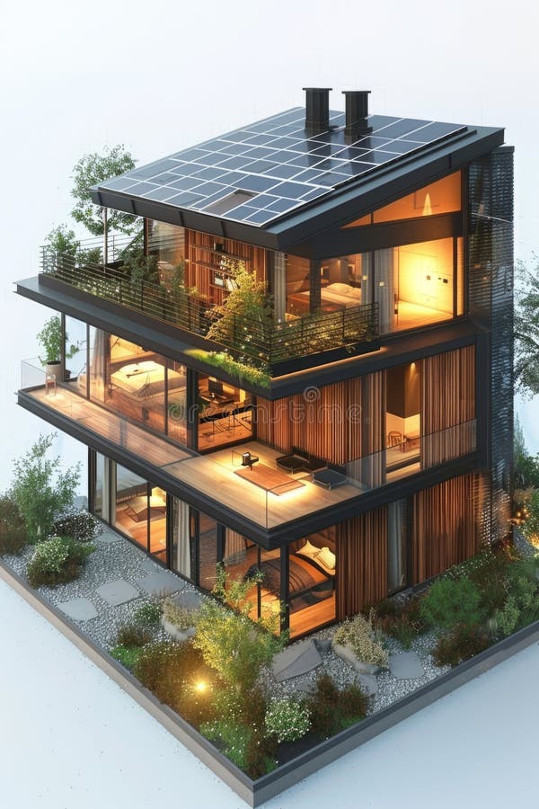 3D Model of Modern House with Solar Panels, Emphasizing Sustainable ...